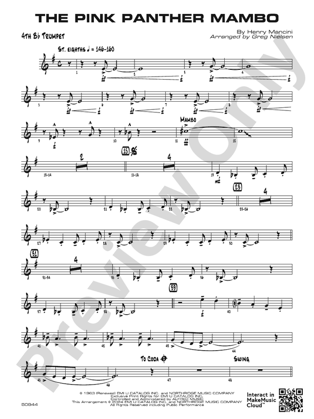 The Pink Panther Mambo: 4th B-flat Trumpet: 4th B-flat Trumpet Part ...