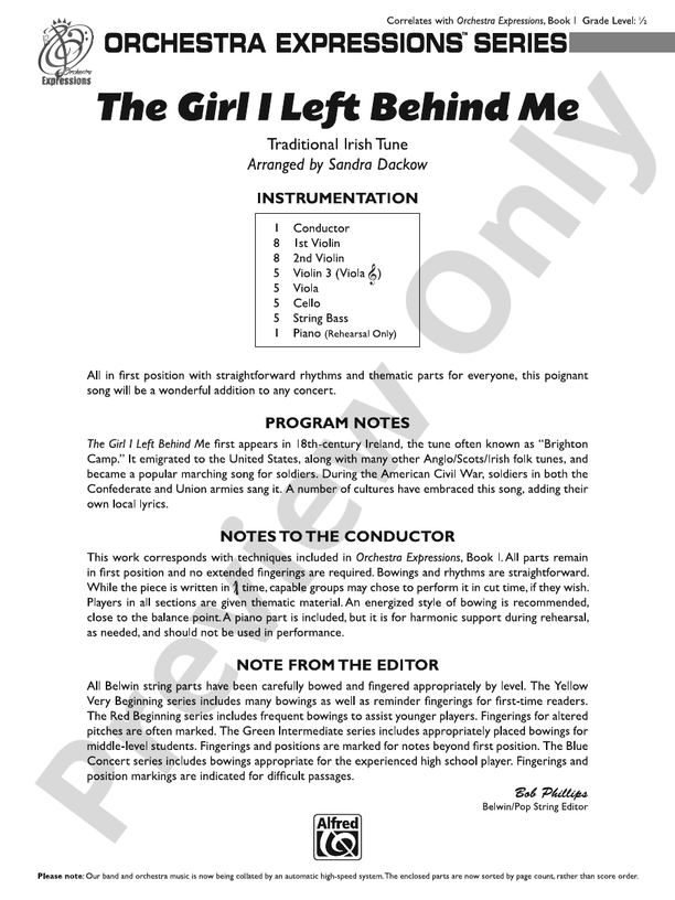 The Girl I Left Behind Me: String Orchestra Conductor Score & Parts ...