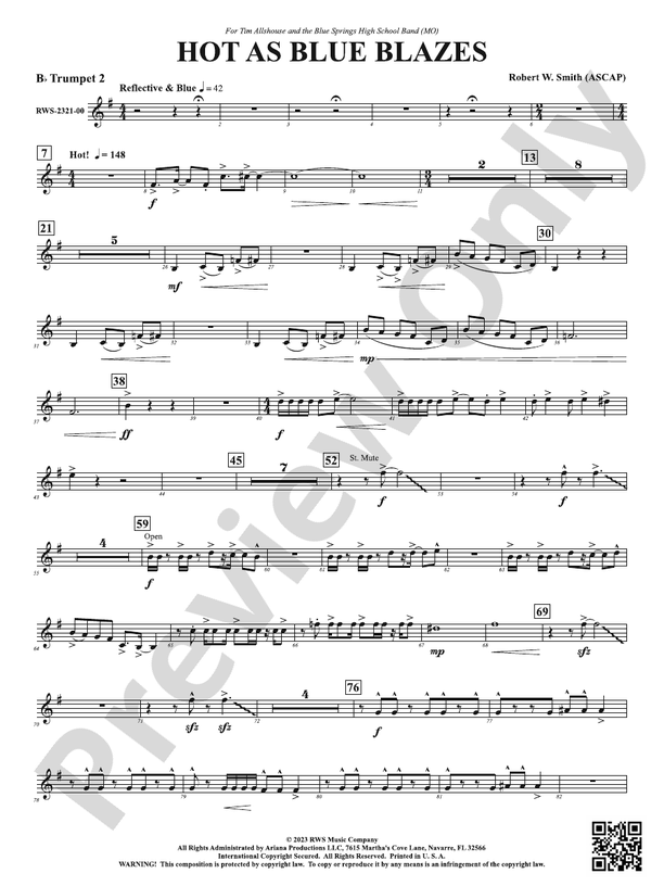 Hot As Blue Blazes: 2nd B-flat Trumpet: 2nd B-flat Trumpet Part: Robert W. Smith - Digital Sheet ...