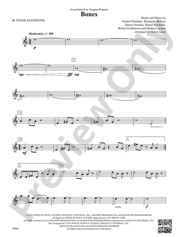 Bones: B-flat Tenor Saxophone: B-flat Tenor Saxophone Part - Digital ...