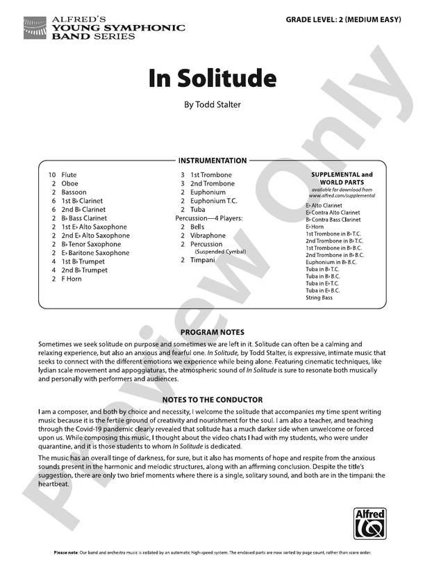 In Solitude: Concert Band Conductor Score & Parts: Todd Stalter - Digital Sheet Music Download