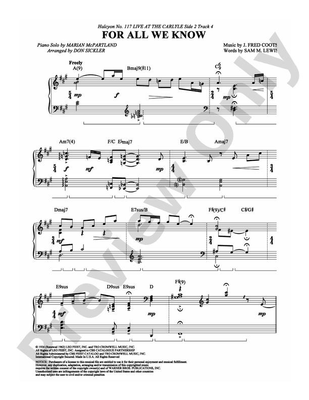 For All We Know: Piano: Marian McPartland - Digital Sheet Music Download