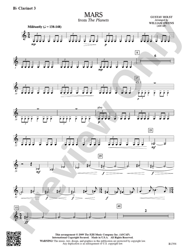 Mars from The Planets: B-flat Clarinet 3: B-flat Clarinet 3 Part ...