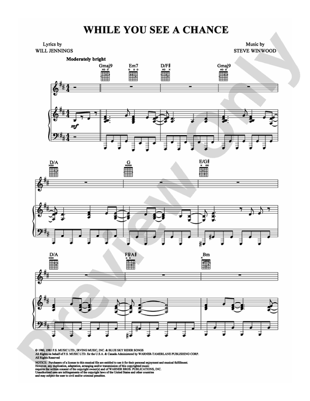 While You See a Chance: Piano/Vocal/Chords: Steve Winwood - Digital Sheet Music Download
