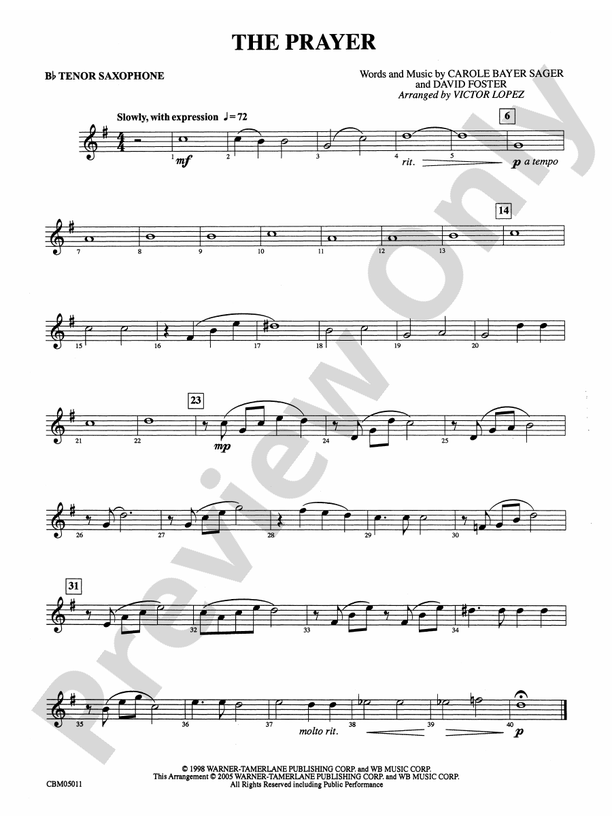 The Prayer: B-flat Tenor Saxophone: B-flat Tenor Saxophone Part ...