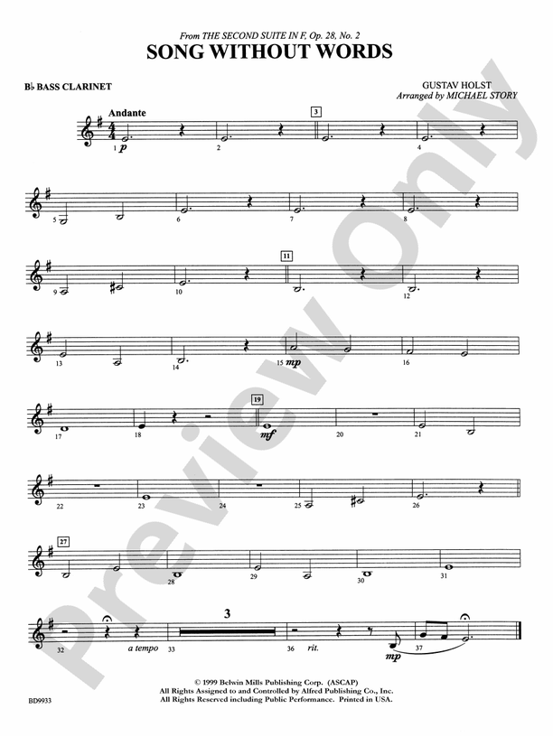 Song Without Words: B-flat Bass Clarinet: B-flat Bass Clarinet Part ...
