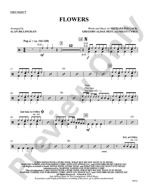 Flowers: Drums: Drums Part - Digital Sheet Music Download