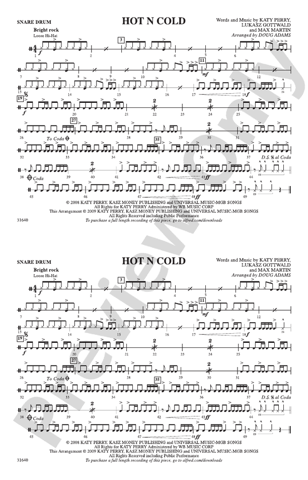 Hot N Cold: Snare Drum: Snare Drum Part - Digital Sheet Music Download