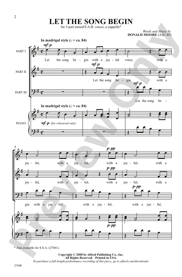 Let the Song Begin: 3-Part / SAB, a cappella Choral Octavo: Donald ...