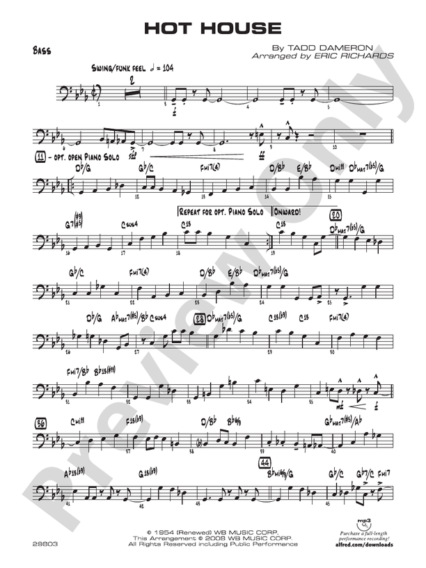 Hot House: String Bass: String Bass Part - Digital Sheet Music Download
