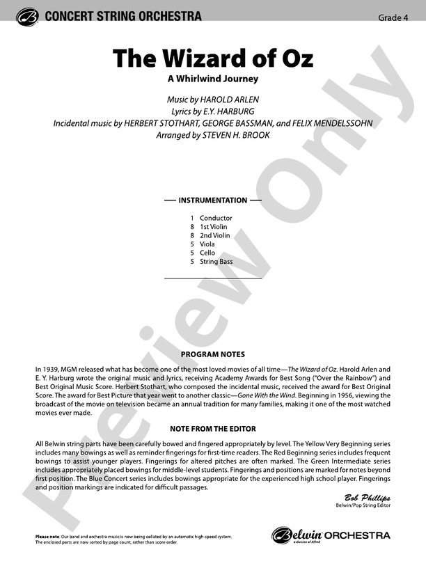 The Wizard of Oz: String Orchestra Conductor Score & Parts: Harold ...
