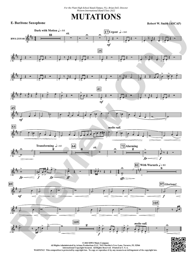 Mutations: E-flat Baritone Saxophone: E-flat Baritone Saxophone Part: Robert W. Smith - Digital ...