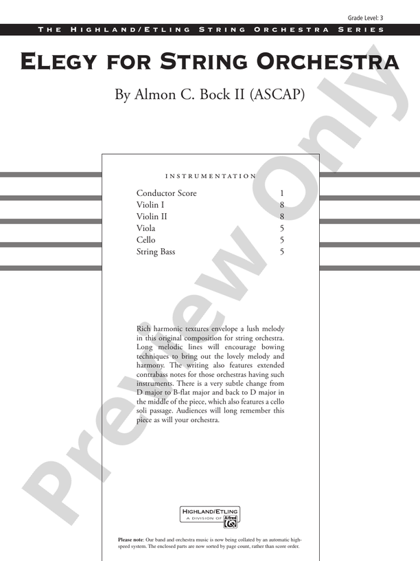 Elegy for String Orchestra: String Orchestra Conductor Score & Parts: Almon C. Bock - Digital ...