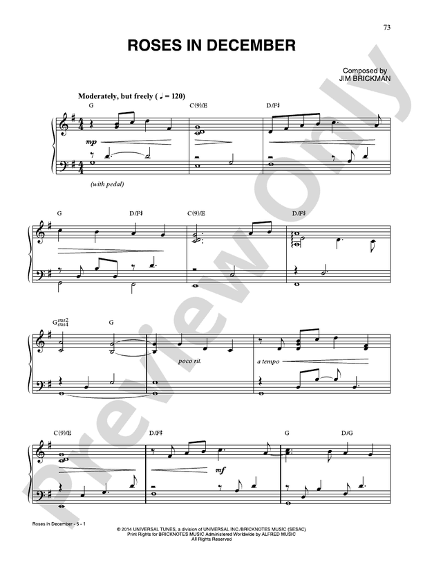 Roses in December: Piano: Jim Brickman - Digital Sheet Music Download