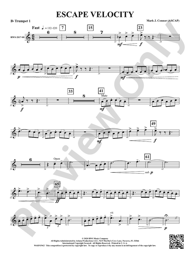 Escape Velocity: 1st B-flat Trumpet: 1st B-flat Trumpet Part: Mark J. Connor - Digital Sheet ...
