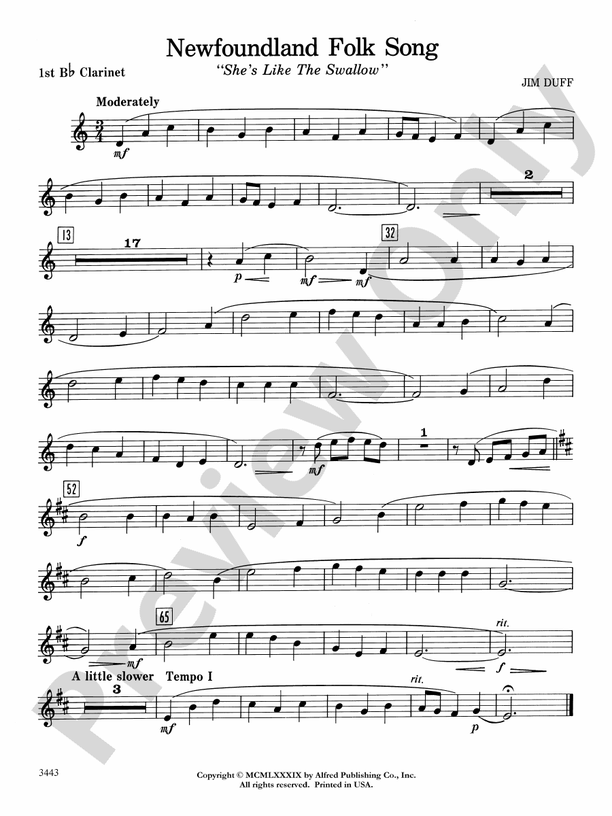 Newfoundland Folk Song: 1st B-flat Clarinet: 1st B-flat Clarinet Part - Digital Sheet Music Download