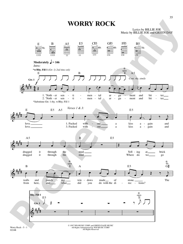 Worry Rock: Guitar: Green Day - Digital Sheet Music Download