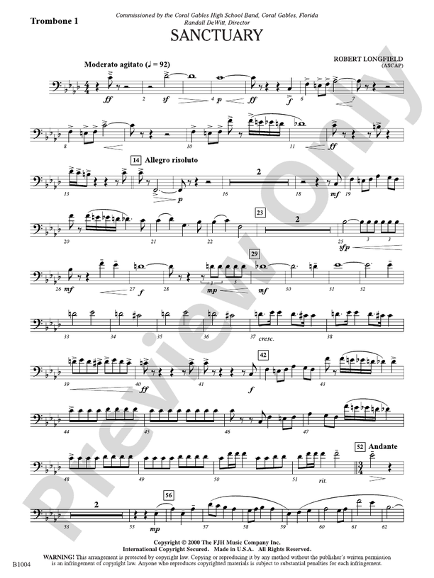 Sanctuary: Trombone 1: Trombone 1 Part: Robert Longfield - Digital Sheet Music Download