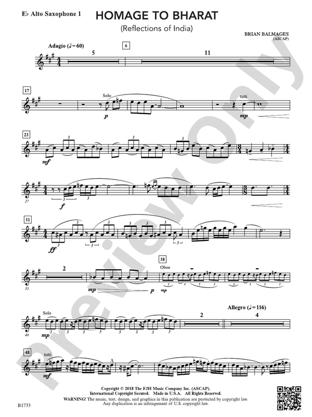 Homage to Bharat: E-flat Alto Saxophone 1: E-flat Alto Saxophone 1 Part: Brian Balmages ...