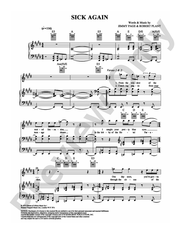 Sick Again: Piano/Vocal/Chords: Led Zeppelin - Digital Sheet Music Download