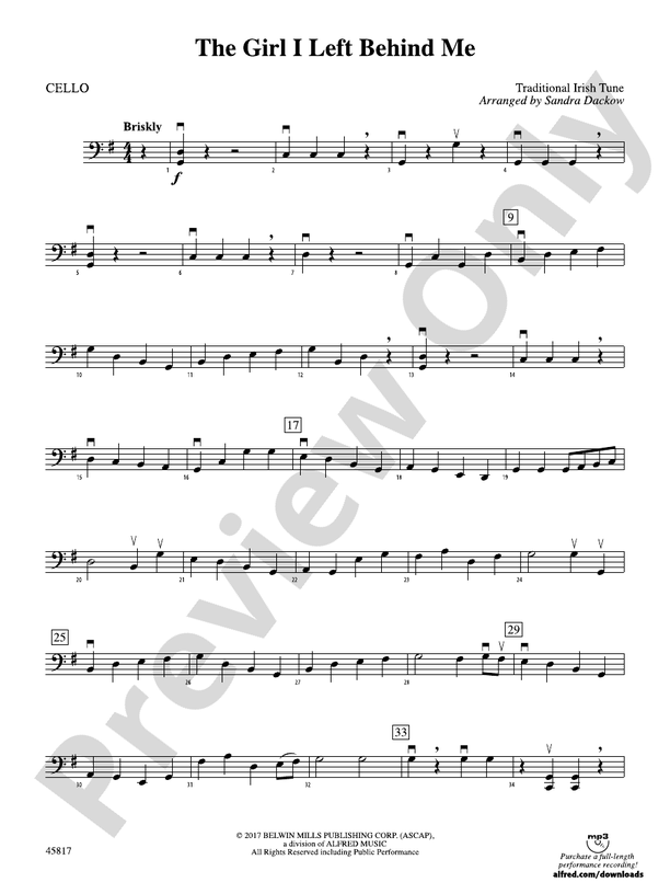 The Girl I Left Behind Me: Cello: Cello Part - Digital Sheet Music Download