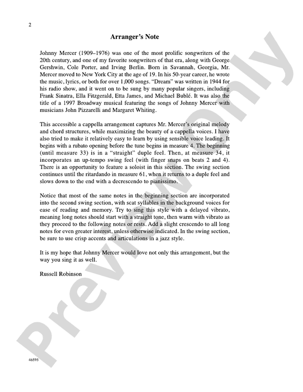 Dream: SSA, a cappella Choral Octavo: Johnny Mercer - Digital Sheet ...