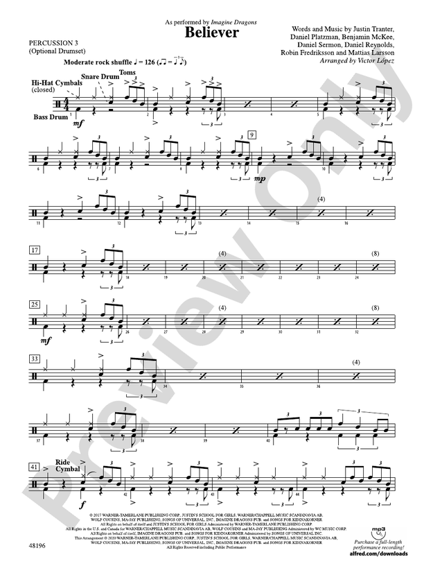 Believer: 3rd Percussion: 3rd Percussion Part - Digital Sheet Music ...