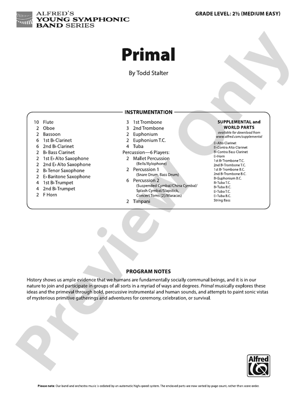 Primal: Concert Band Conductor Score & Parts: Todd Stalter - Digital Sheet Music Download
