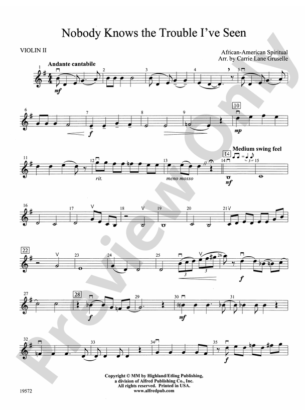Nobody Knows the Trouble I've Seen: 2nd Violin: 2nd Violin Part ...
