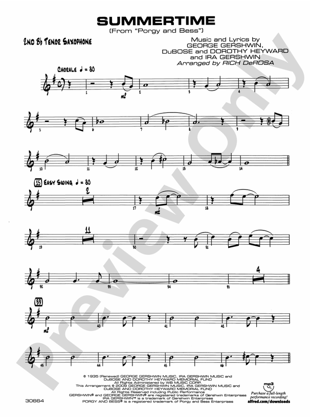 Summertime: 2nd B-flat Tenor Saxophone: 2nd B-flat Tenor Saxophone Part - Digital Sheet Music ...