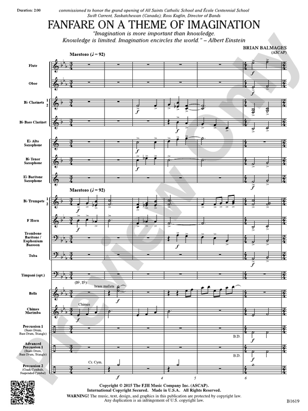 Fanfare on a Theme of Imagination: Score: Concert Band Score: Brian ...