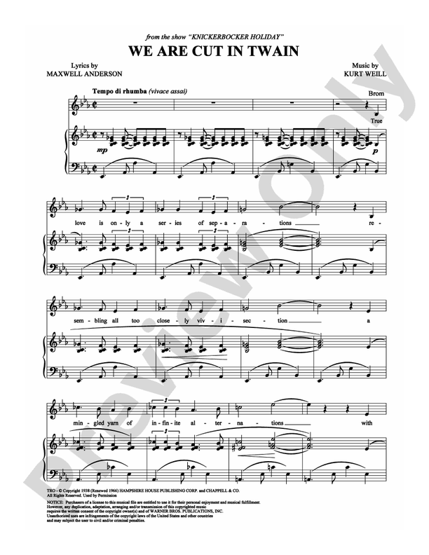 We Are Cut in Twain: Piano/Vocal/Chords: Kurt Weill - Digital Sheet Music Download