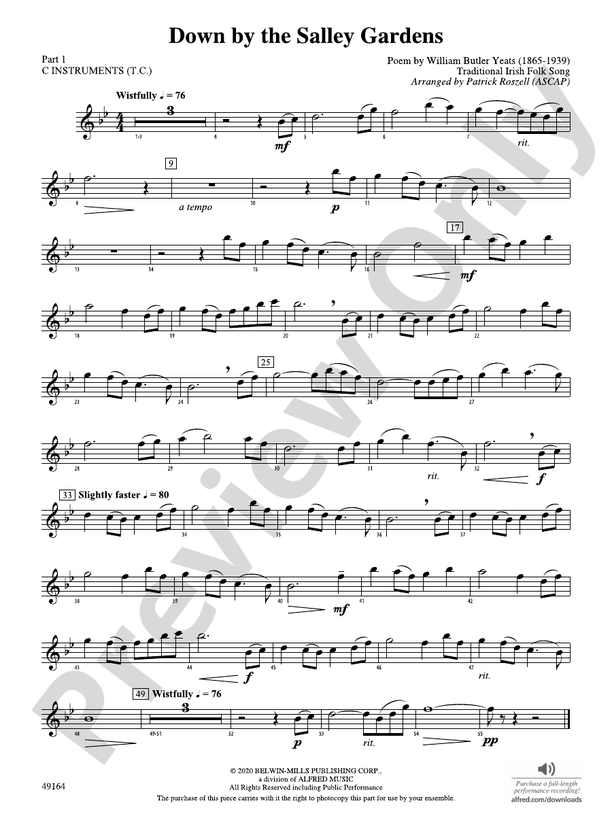 Down by the Salley Gardens: Part 1 - C Instruments (T.C.): Part 1 - C ...