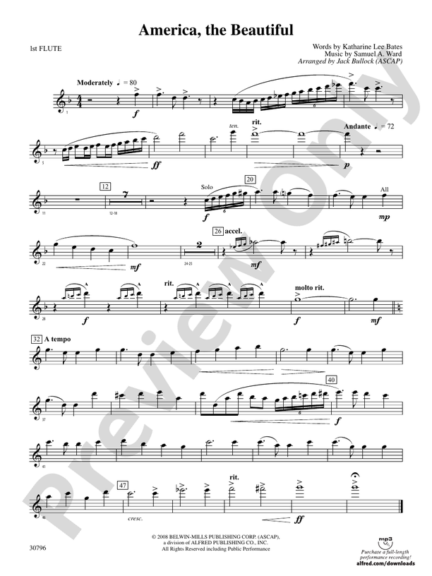 America The Beautiful Flute Flute Part Digital Sheet Music Download