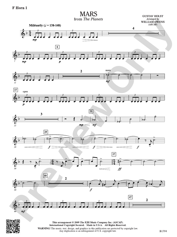Mars from The Planets: F Horn 1: F Horn 1 Part: Gustav Holst - Digital ...