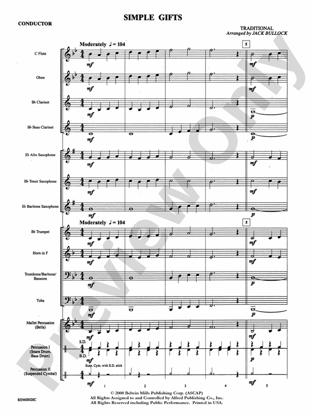Simple Gifts: Concert Band Conductor Score & Parts - Digital Sheet ...
