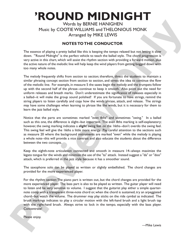 'Round Midnight: Score: Jazz Ensemble Score - Digital Sheet Music Download