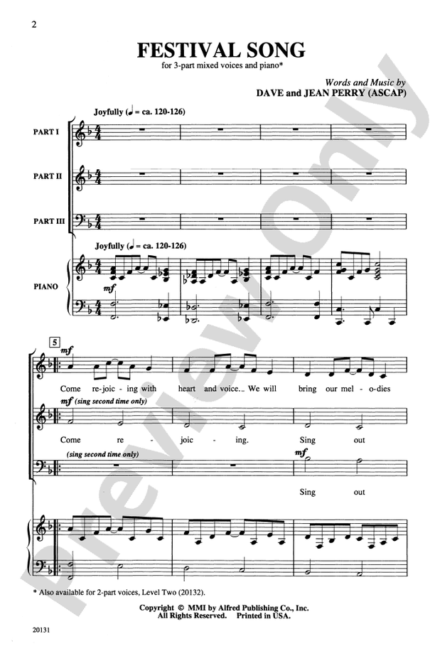 Festival Song: 3-Part Mixed Choral Octavo: Dave Perry - Digital Sheet ...
