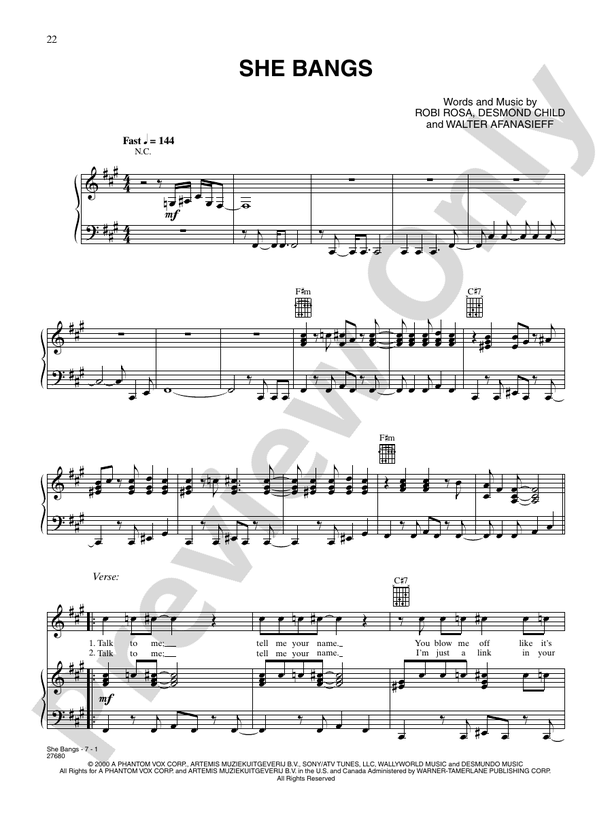 She Bangs: Piano/Vocal/Chords: Ricky Martin - Digital Sheet Music Download
