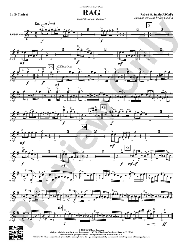 Rag - Mvt. 1 from American Dances: 1st B-flat Clarinet: 1st B-flat Clarinet Part: Robert W ...