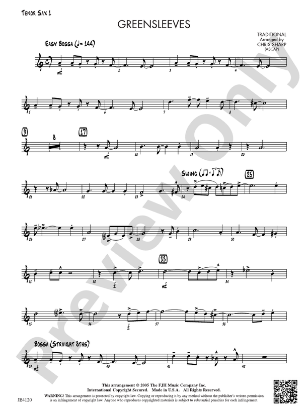 Greensleeves: Tenor Sax 1: Tenor Sax 1 Part - Digital Sheet Music Download