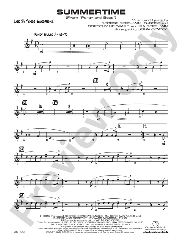 Summertime: 2nd B-flat Tenor Saxophone: 2nd B-flat Tenor Saxophone Part - Digital Sheet Music ...