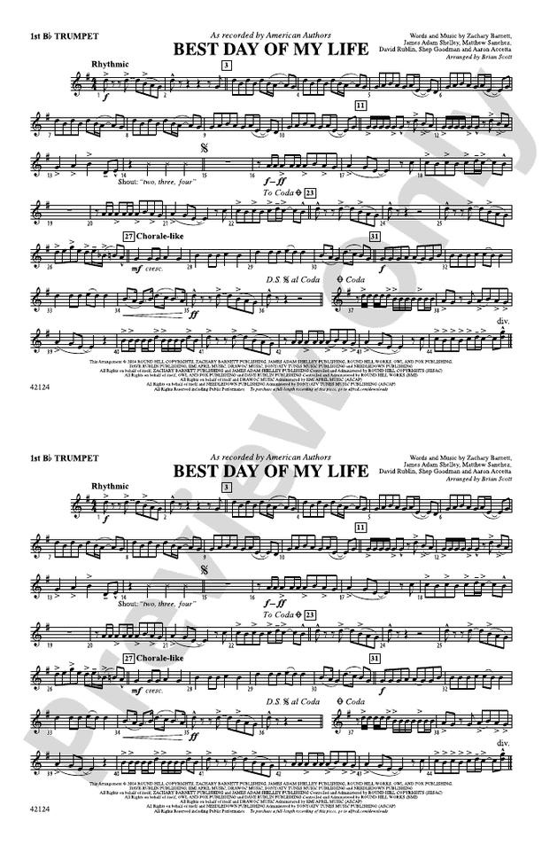 Best Day of My Life: 1st B-flat Trumpet: 1st B-flat Trumpet Part ...