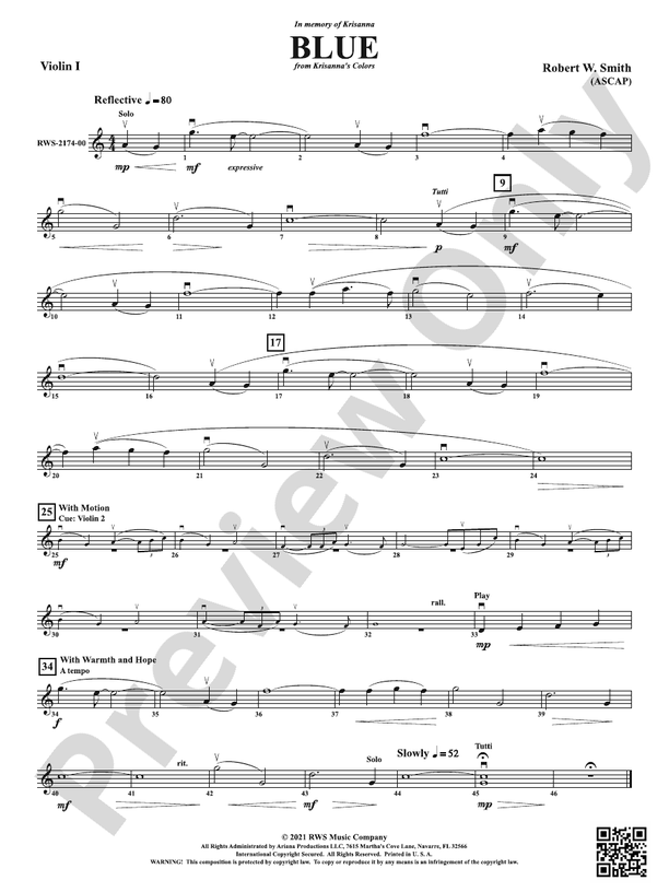 Blue - From Krisanna's Colors: 1st Violin: 1st Violin Part: Robert W. Smith - Digital Sheet ...
