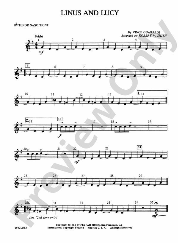 Linus and Lucy: B-flat Tenor Saxophone: B-flat Tenor Saxophone Part - Digital Sheet Music Download
