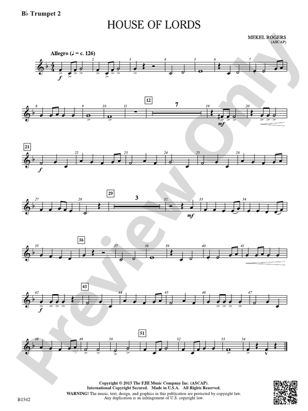 House of Lords: B-flat Trumpet 2: B-flat Trumpet 2 Part: Mekel Rogers - Digital Sheet Music Download
