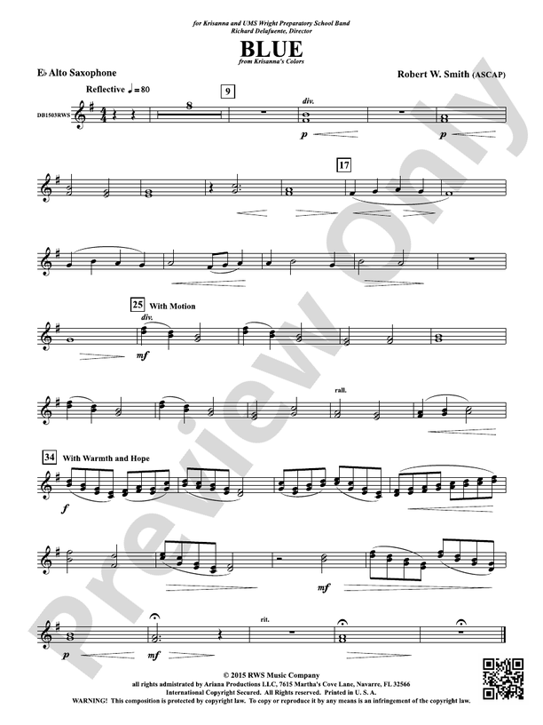 Blue: 1st E-flat Alto Saxophone: 1st E-flat Alto Saxophone Part: Robert W. Smith - Digital Sheet ...