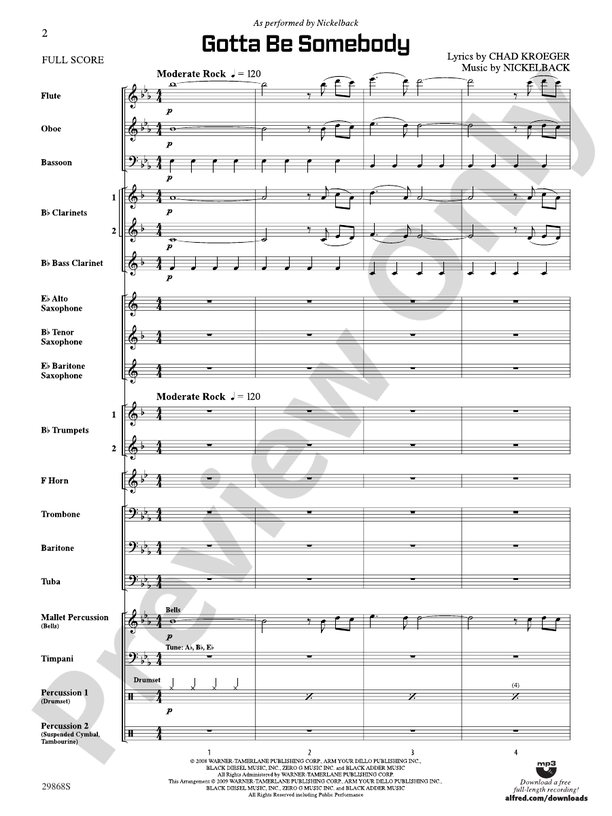 Gotta Be Somebody: Concert Band Conductor Score & Parts: Nickelback - Digital Sheet Music Download