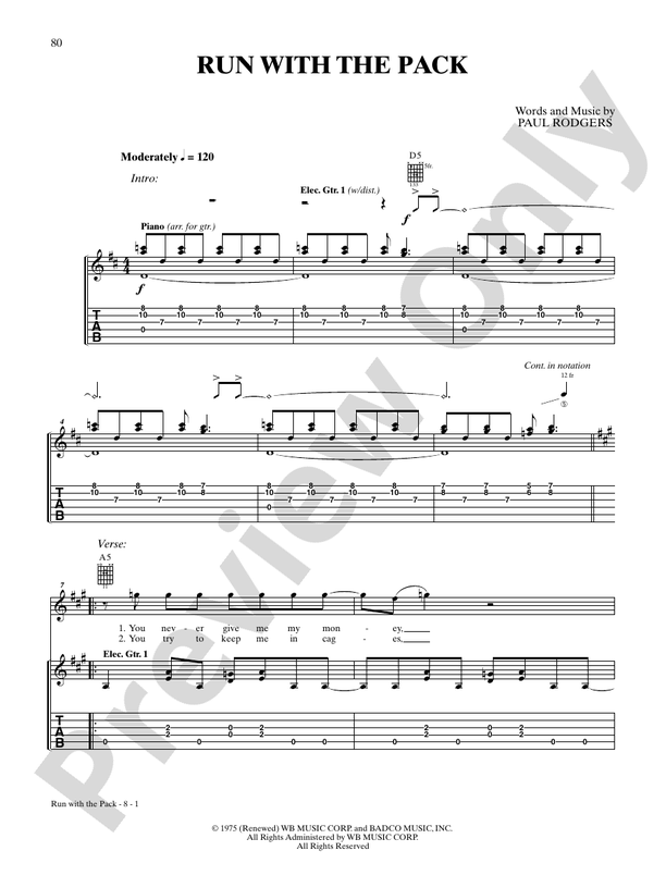Run With the Pack: Guitar: Bad Company - Digital Sheet Music Download