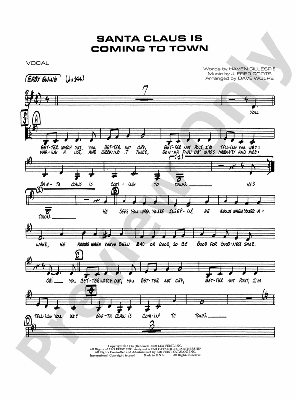 Santa Claus Is Coming to Town: Vocals: Vocals Part - Digital Sheet ...